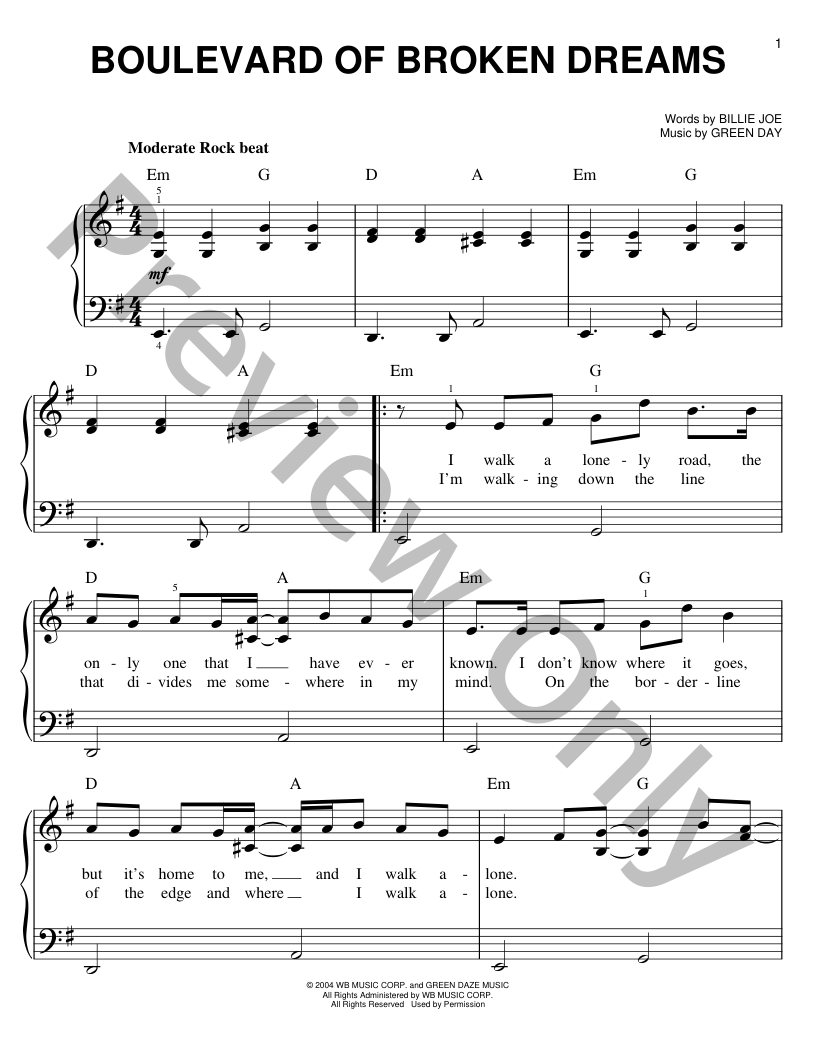 Boulevard Of Broken Dreams Easy Piano Sheet Music | J.W. Pepper
