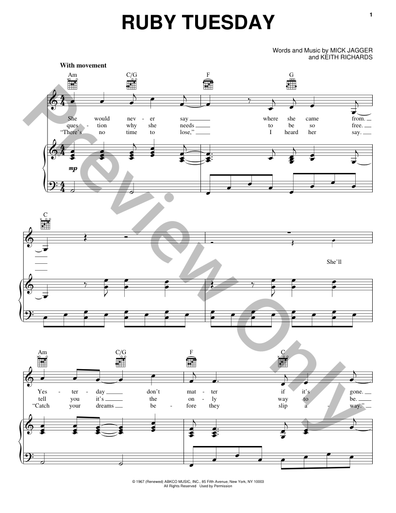 Ruby Tuesday P/V/G Sheet Music | J.W. Pepper