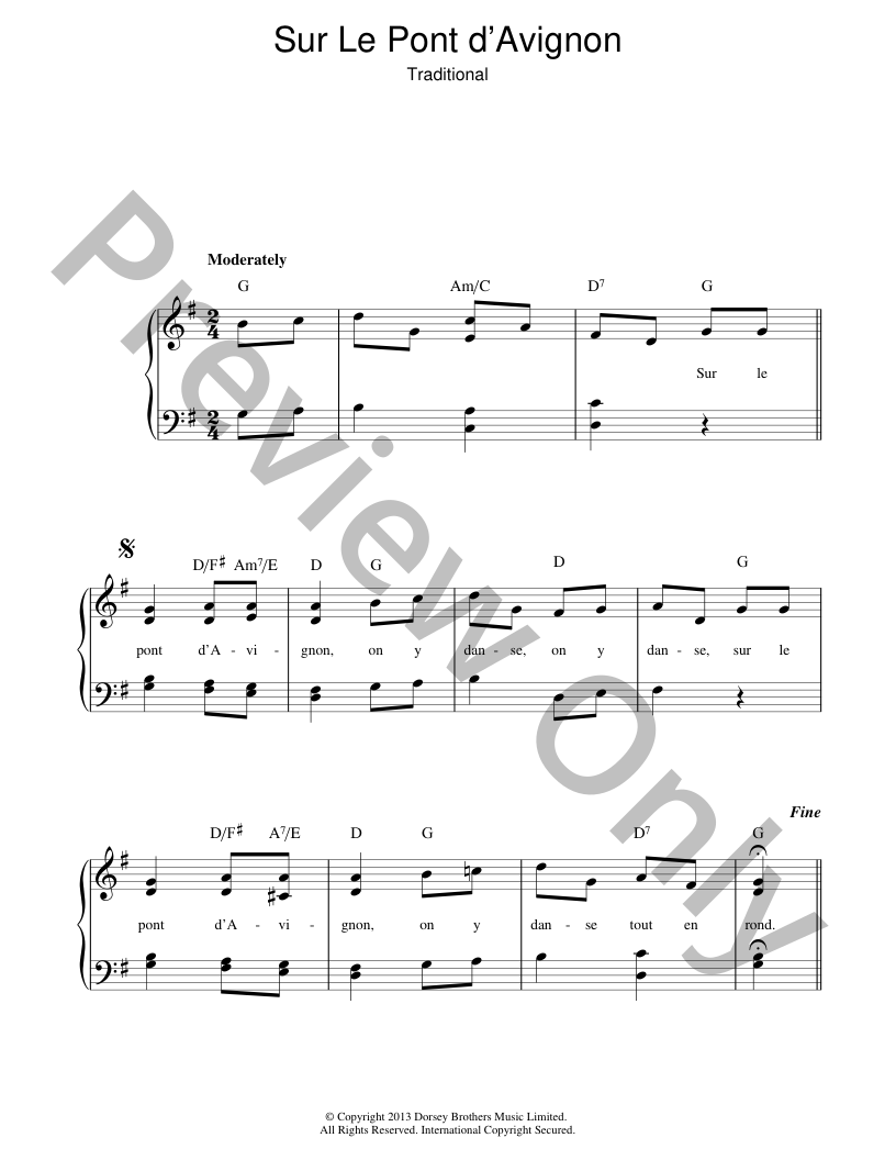 Sur Le Pont D'Avignon Easy Piano Sheet Music | J.W. Pepper