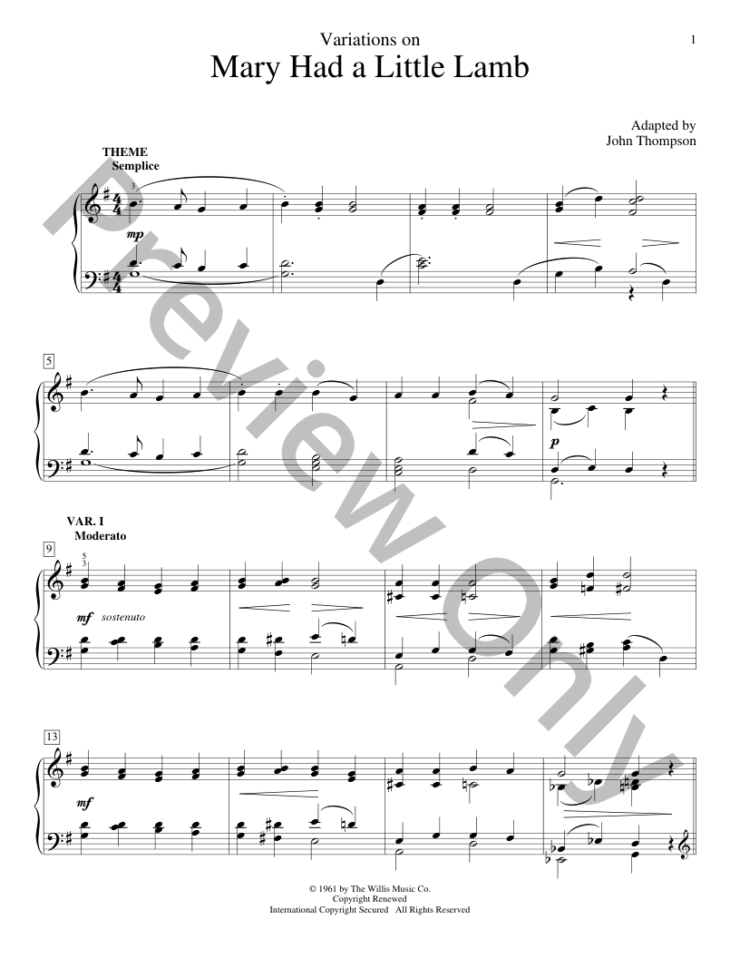 Variations On Mary Had A Little Lamb Piano Sheet Music | J.W. Pepper