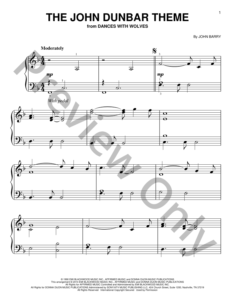 The John Dunbar Theme Easy Piano Sheet Music | J.W. Pepper