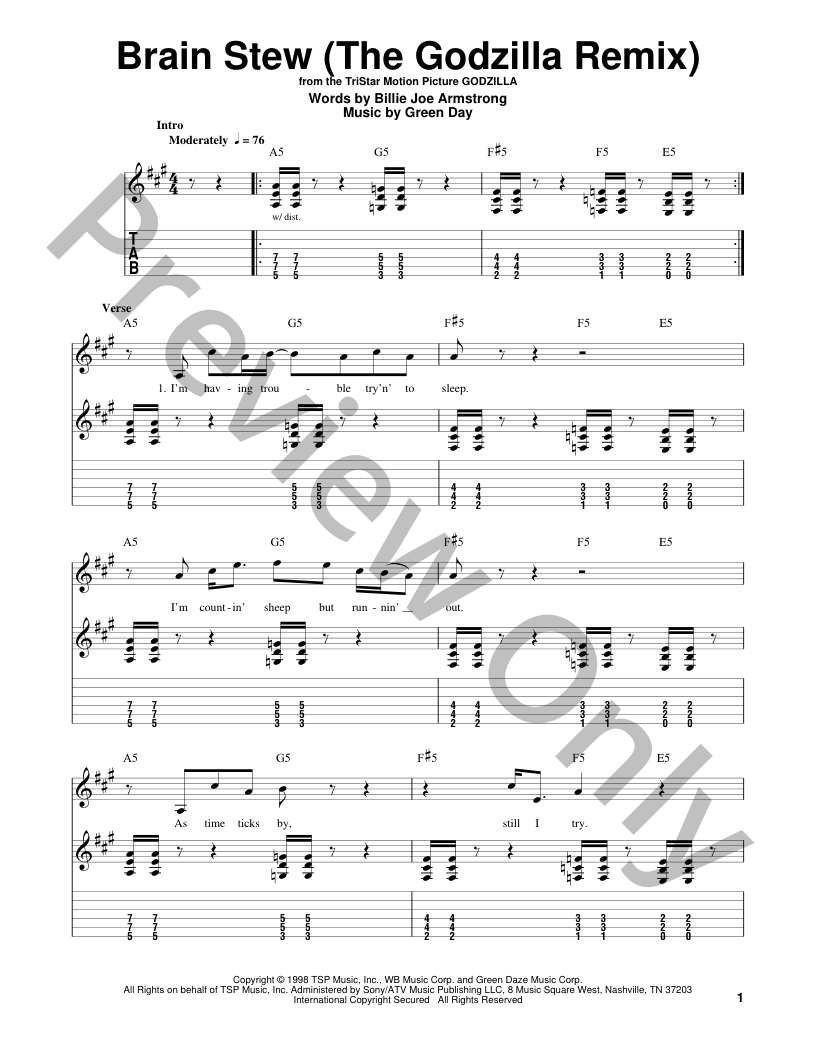 Brain Stew (The Godzilla Remix) Guitar/Fretted Sheet Music | J.W. Pepper