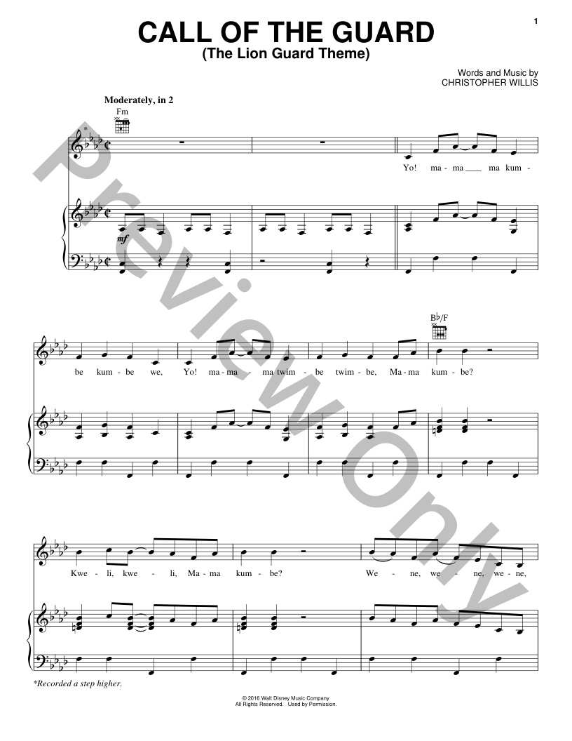 Call Of The Guard (The Lion Guard Theme) P/V/G Sheet Music | J.W. Pepper