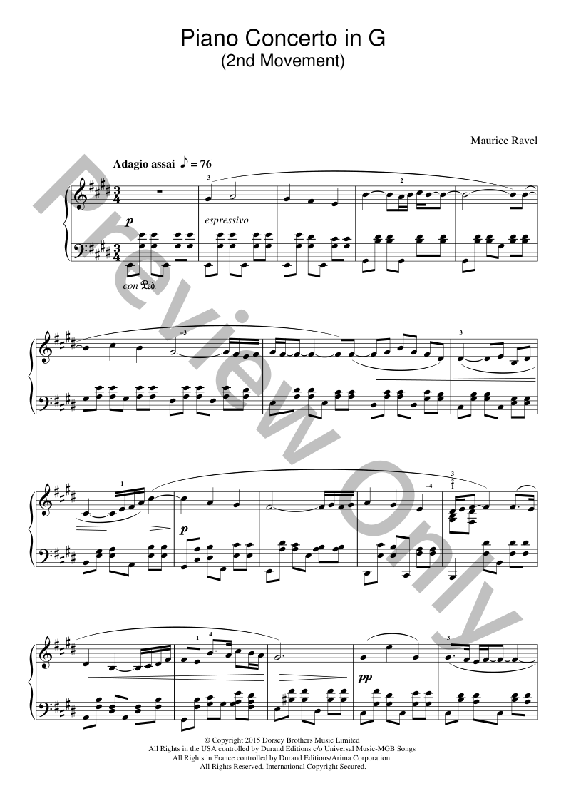 Piano Concerto In G, 2nd Movement Adagio Assai Piano Sheet Music | J.W ...