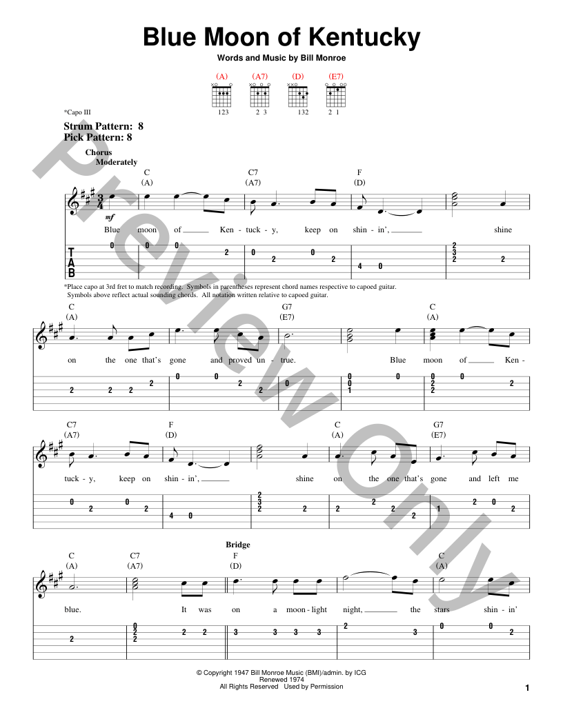 Blue Moon Of Kentucky Guitar/Fretted Sheet Music | J.W. Pepper