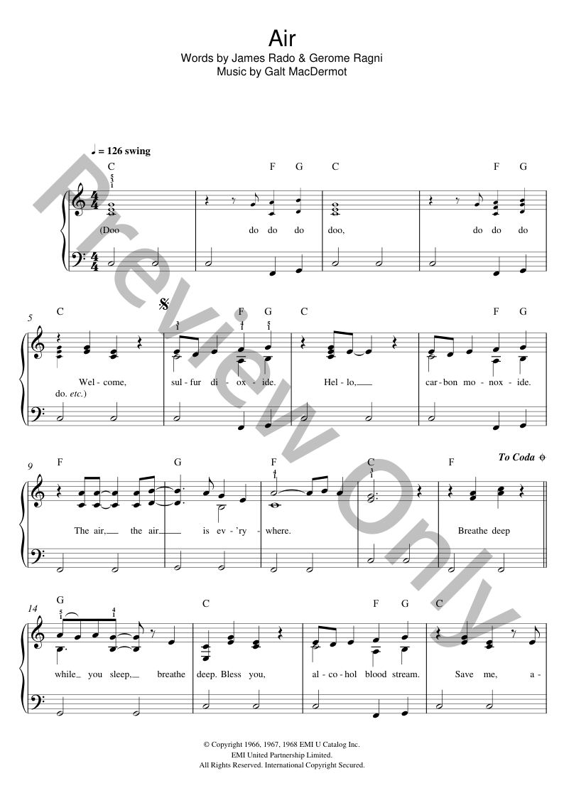 Air from Hair Easy Piano Sheet Music | J.W. Pepper