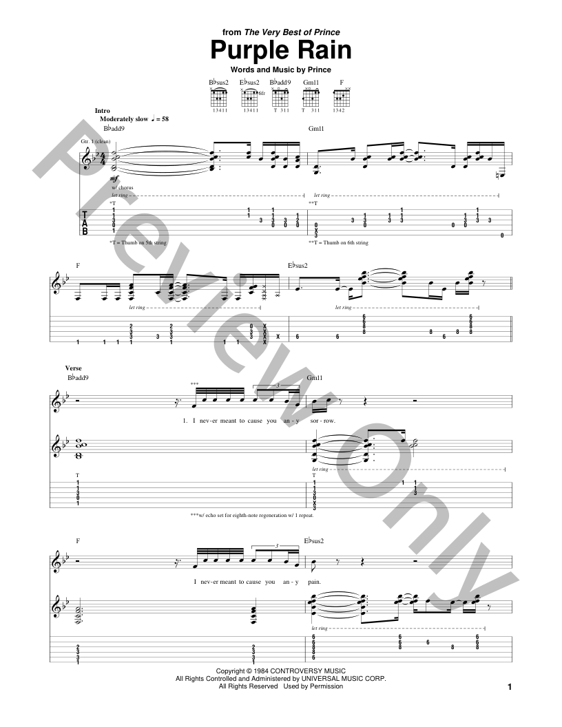 Purple Rain Guitar/Fretted Sheet Music | J.W. Pepper