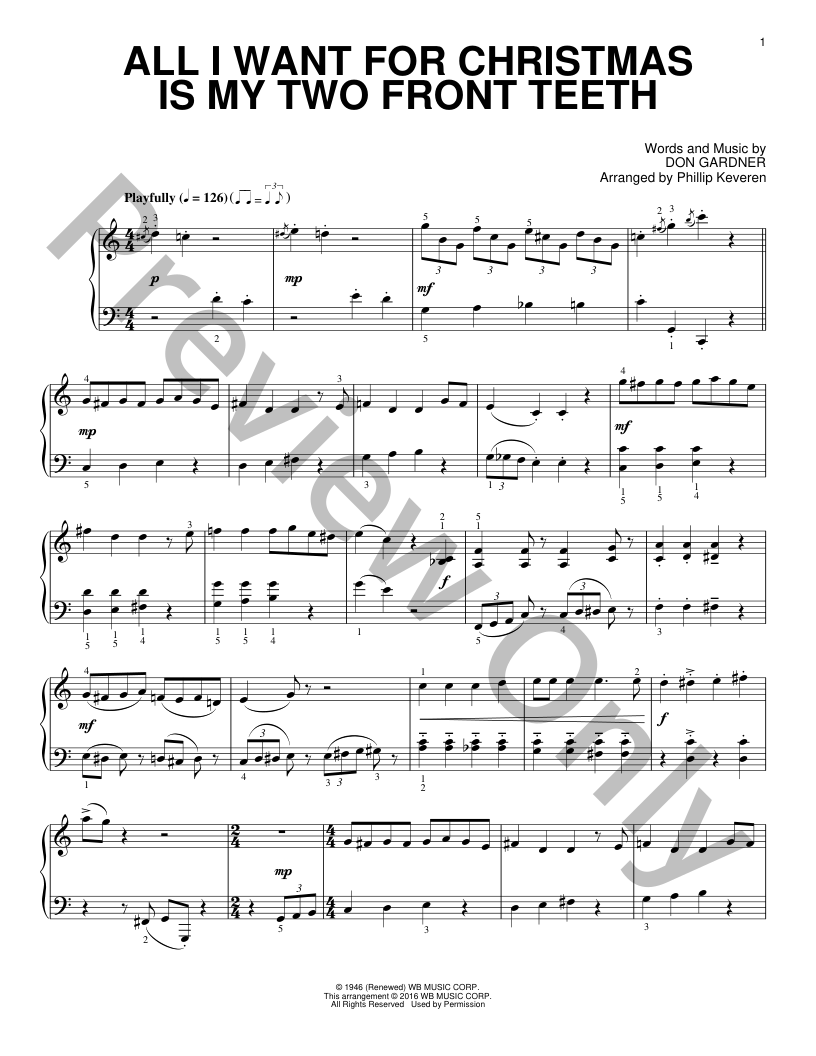 All I Want For Christmas Is My Two Front Teeth Piano Sheet Music | J.W ...