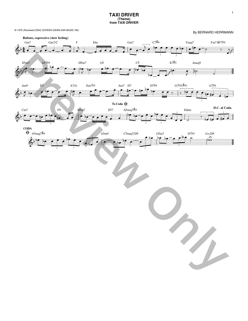 Taxi Driver (Theme) P/V/G Sheet Music | J.W. Pepper