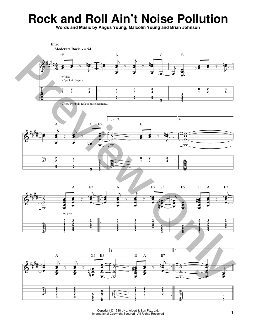 Rock And Roll Ain't Noise Pollution Guitar/Fretted Sheet Music | J.W ...