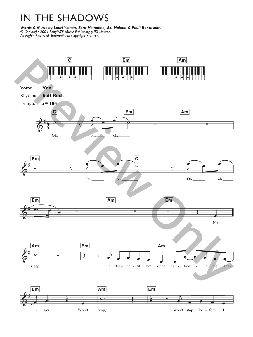 In The Shadows P/V/G Sheet Music | J.W. Pepper