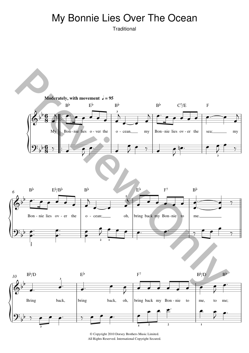 My Bonnie Lies Over The Ocean Easy Piano Sheet Music | J.W. Pepper