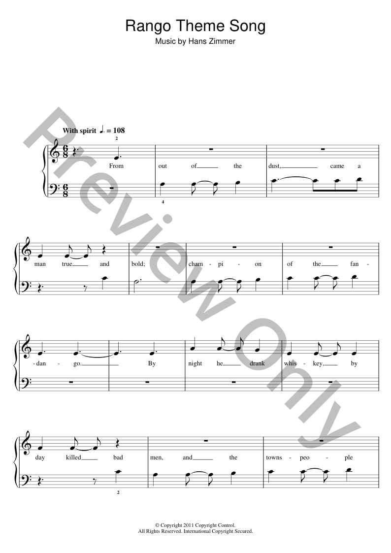 Rango Theme Song Five Finger Piano Sheet Music | J.W. Pepper