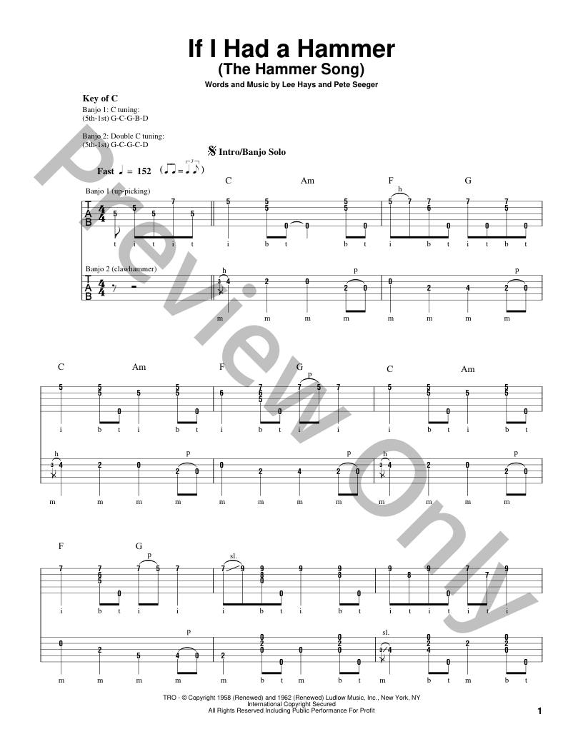 If I Had A Hammer (The Hammer Song) Guitar/Fretted Sheet Music | J.W ...