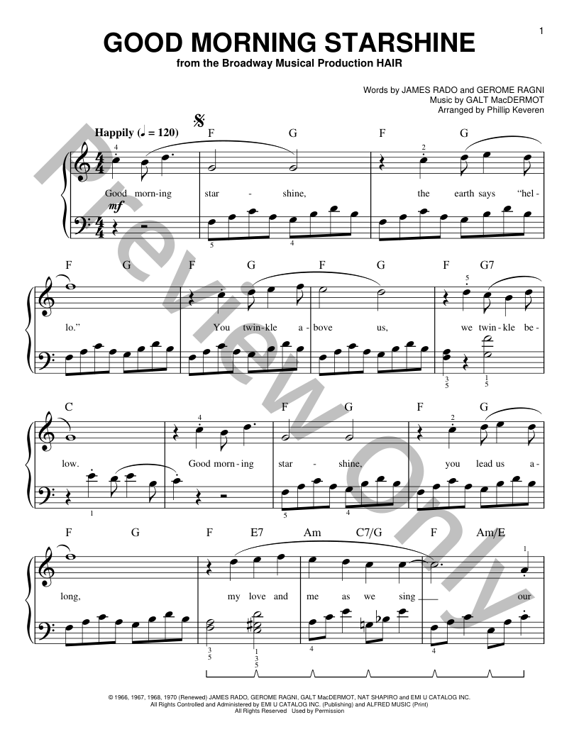 Good Morning Starshine Easy Piano Sheet Music | J.W. Pepper