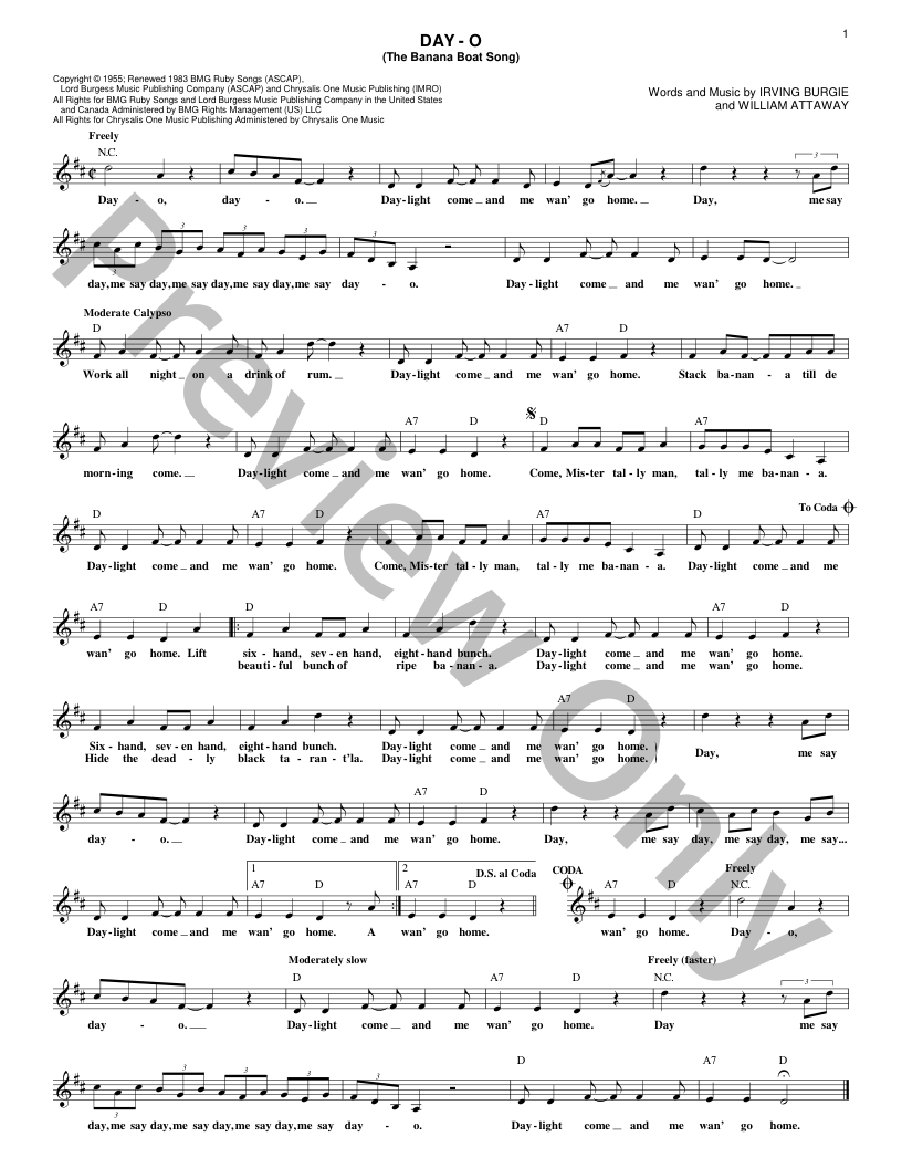 Day O (The Banana Boat Song) P/V/G Sheet Music | J.W. Pepper