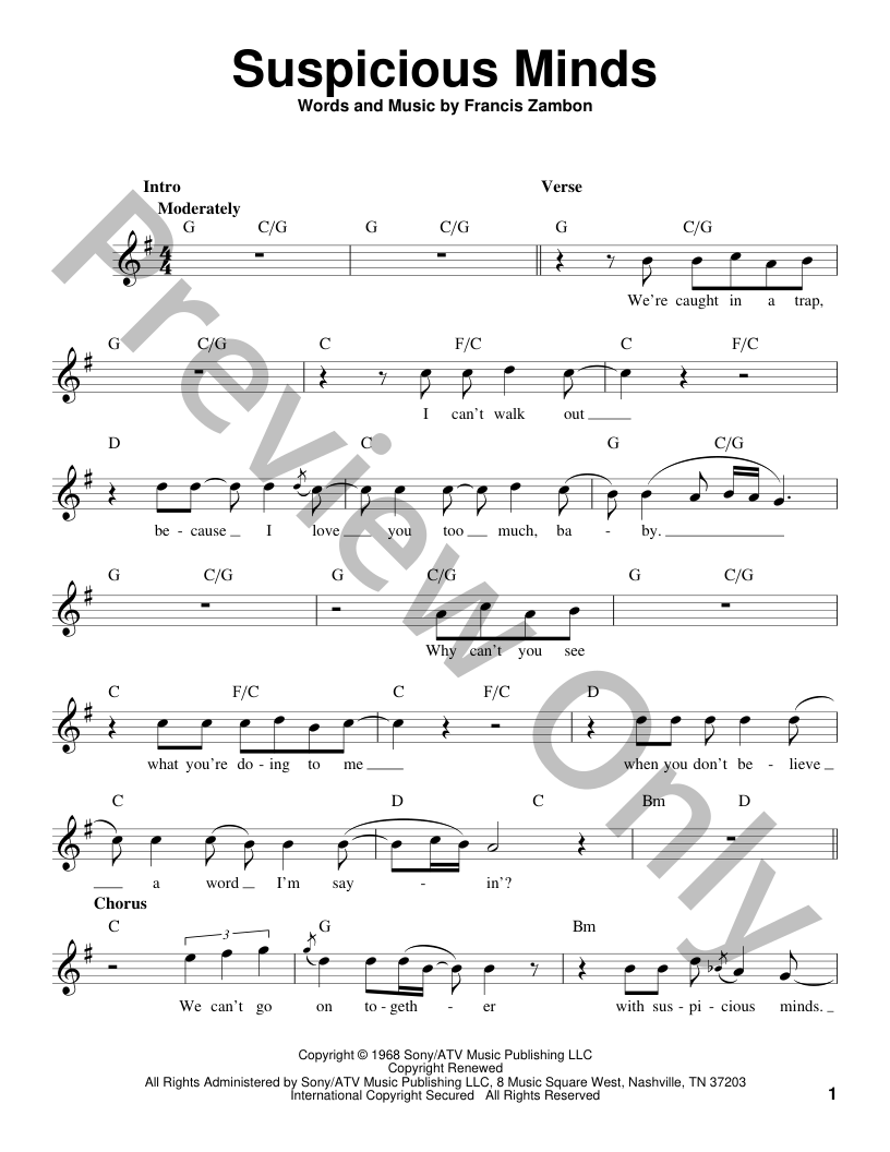 Suspicious Minds P/V/G Sheet Music | J.W. Pepper