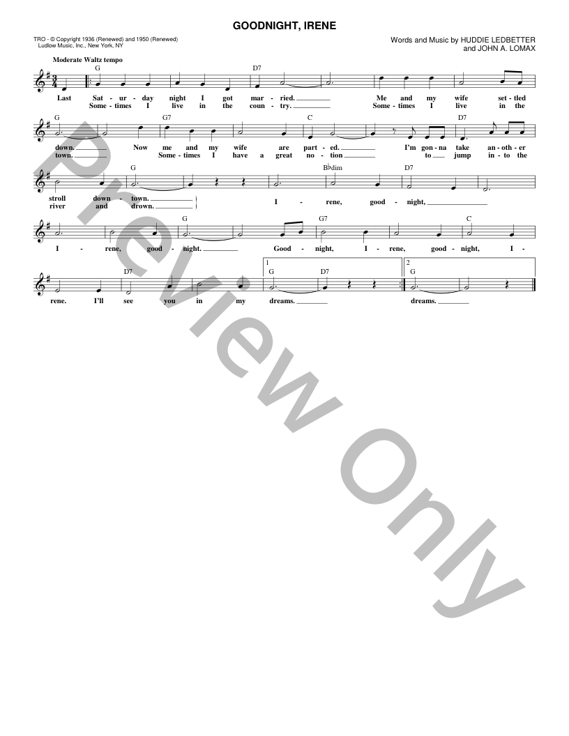 Goodnight, Irene P/V/G Sheet Music | J.W. Pepper