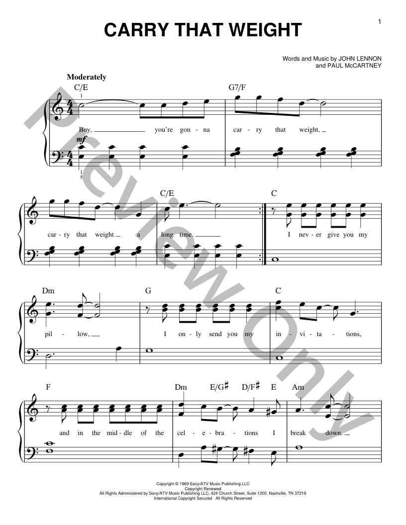 Carry That Weight Easy Piano Sheet Music | J.W. Pepper
