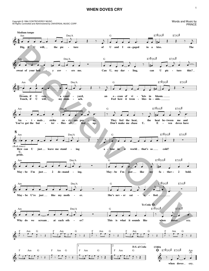 When Doves Cry P/V/G Sheet Music | J.W. Pepper