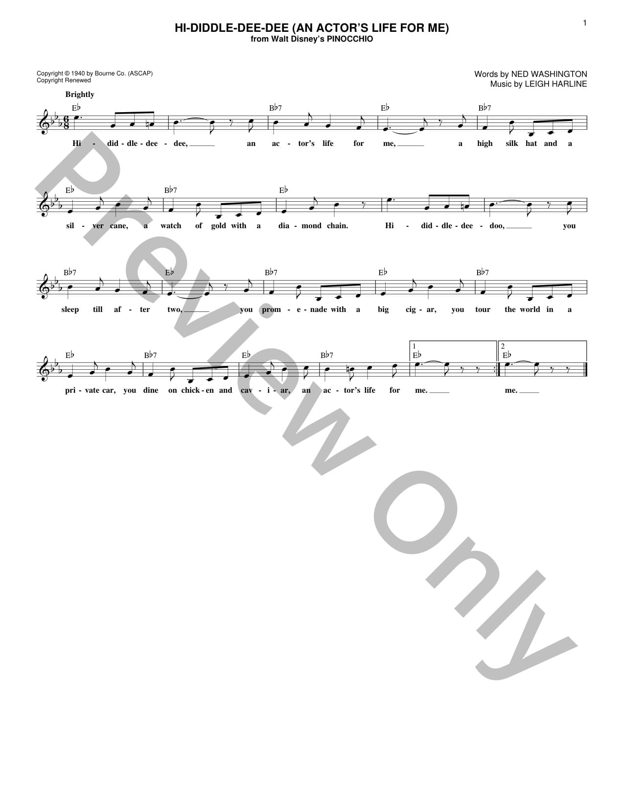 Hi Diddle Dee Dee (An Actor's Life For Me) P/V/G Sheet Music | J.W. Pepper