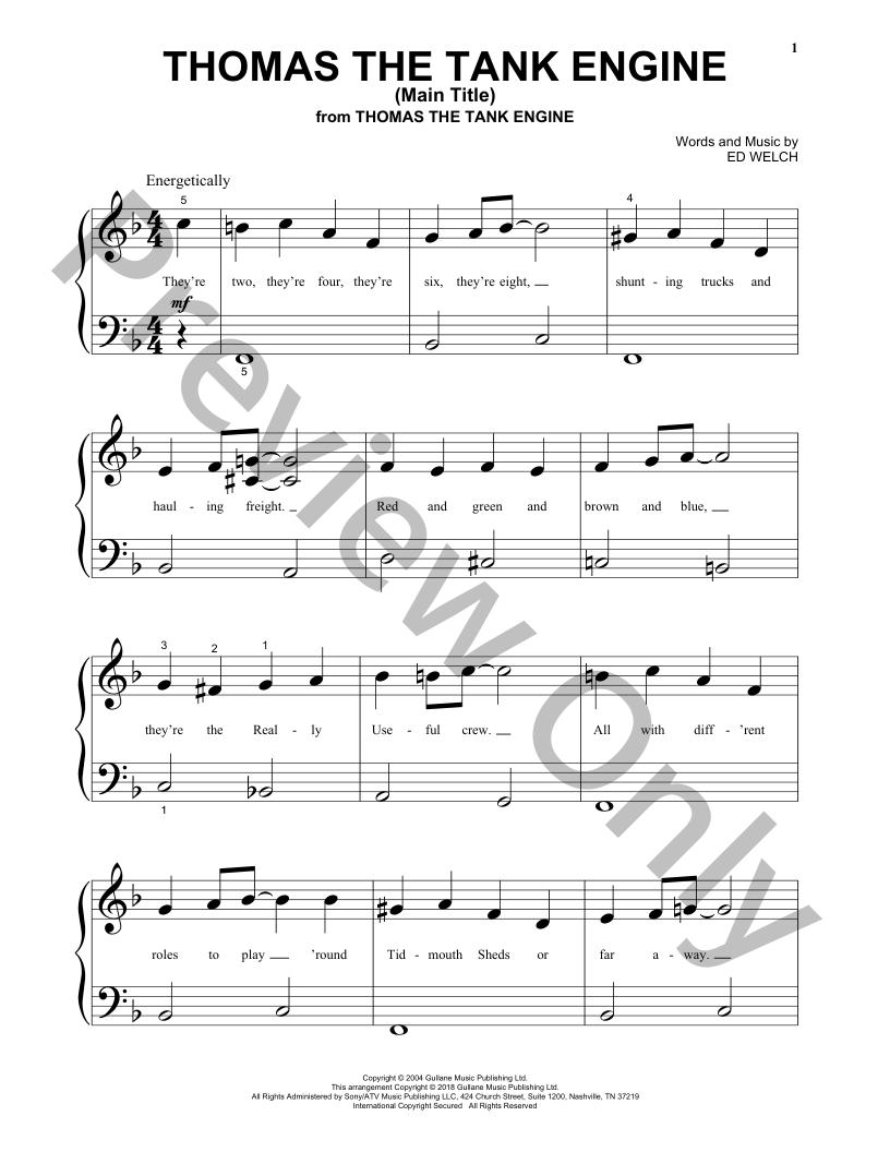 Thomas The Tank Engine (Main Title) Big Note Piano Sheet Music | J.W ...