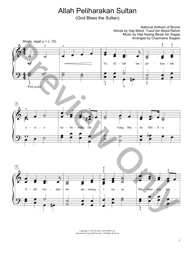 God Bless The Sultan (Allah Peliharakan Sultan) Piano Sheet Music | J.W ...