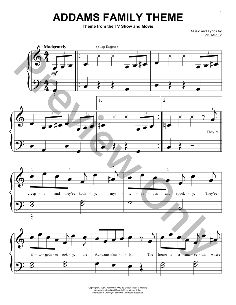 Addams Family Theme Big Note Piano Sheet Music | J.W. Pepper