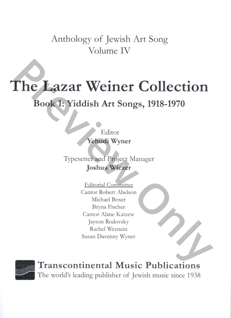 The Lazar Weiner Collection, Book 1: Yiddish Art Songs, 1918 1970 | J.W ...