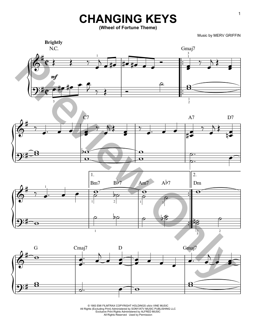 Changing Keys (Wheel Of Fortune Theme) Easy Piano Sheet Music | J.W. Pepper