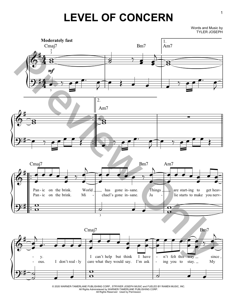 Level Of Concern Easy Piano Sheet Music | J.W. Pepper