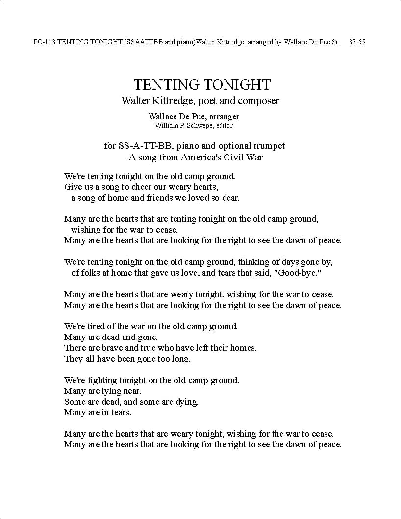Tenting Tonight on the Old Camp Grounds Choral Sheet Music | J.W. Pepper