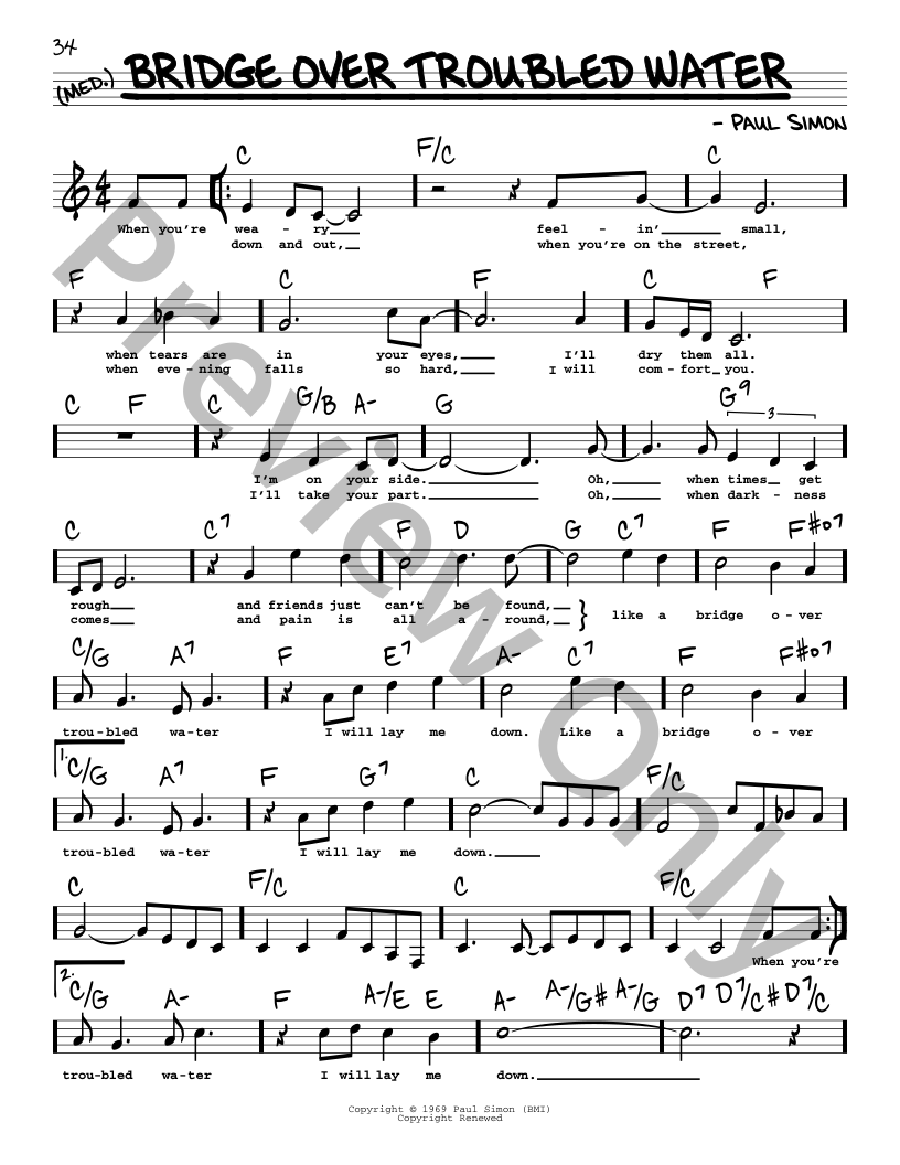 Bridge Over Troubled Water High Voice Lead Sheet EPRINT | J.W. Pepper