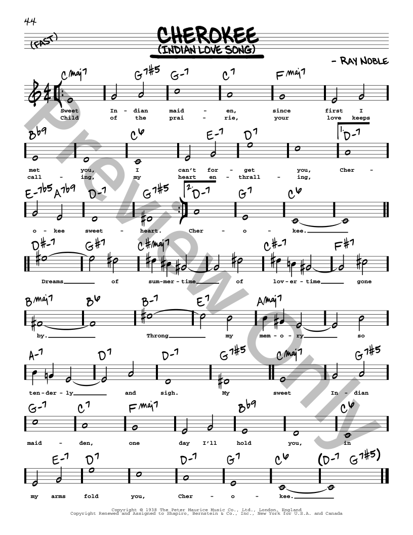 Cherokee (Indian Love Song) High Voice Lead Sheet EPRINT | J.W. Pepper