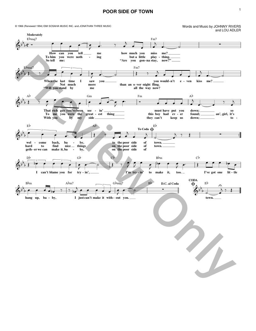 Poor Side Of Town P/V/G Sheet Music | J.W. Pepper
