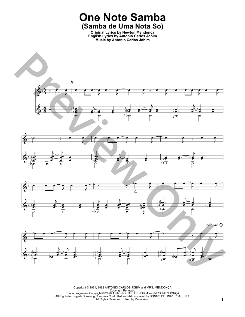One Note Samba (Samba De Uma Nota So) Guitar Solo EPRINT | J.W. Pepper
