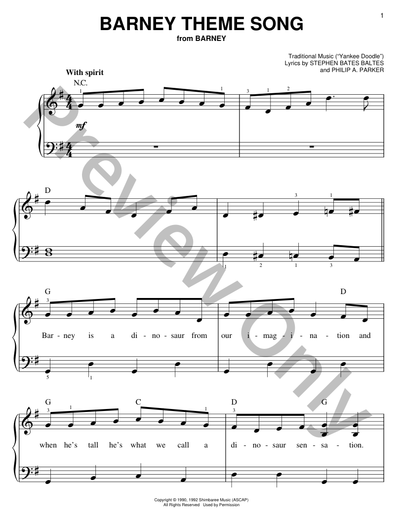 Barney Theme Song Easy Piano Sheet Music | J.W. Pepper
