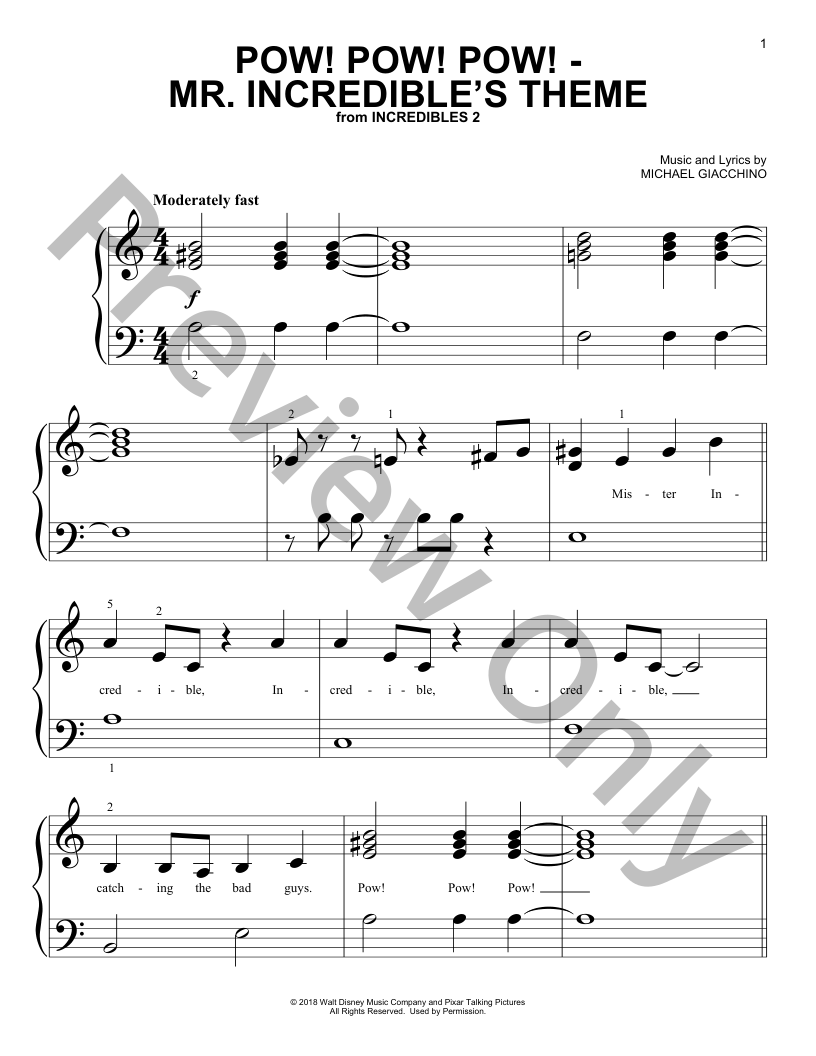 Pow! Pow! Pow! Mister Incredibles Theme Big Note Piano Sheet Music | J ...