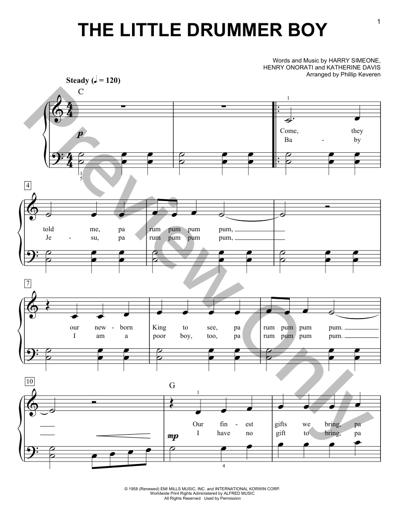 The Little Drummer Boy Easy Piano Sheet Music | J.W. Pepper
