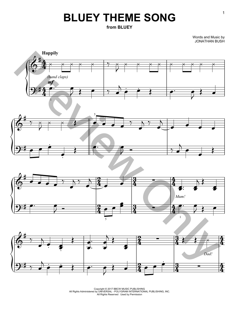Bluey Theme Song Easy Piano Sheet Music | J.W. Pepper