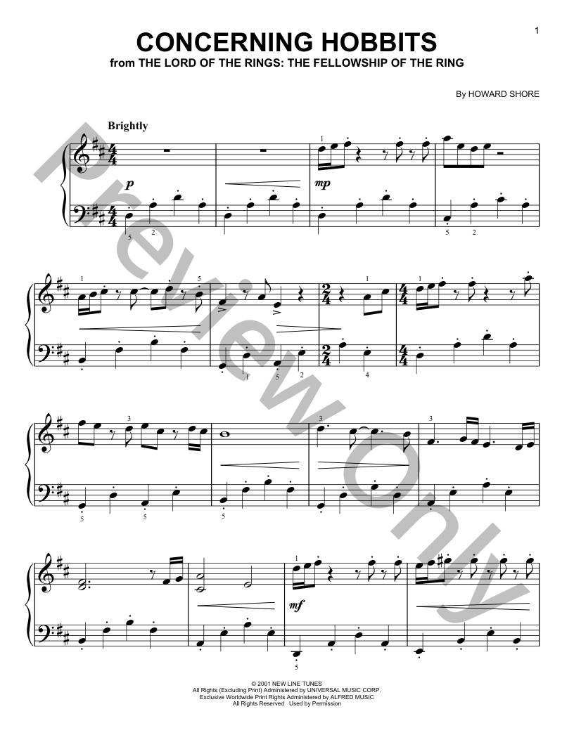 Concerning Hobbits Easy Piano Sheet Music | J.W. Pepper