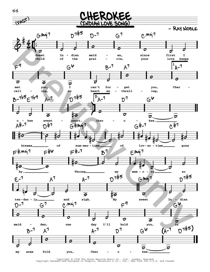 Cherokee (Indian Love Song) P/V/G Sheet Music | J.W. Pepper