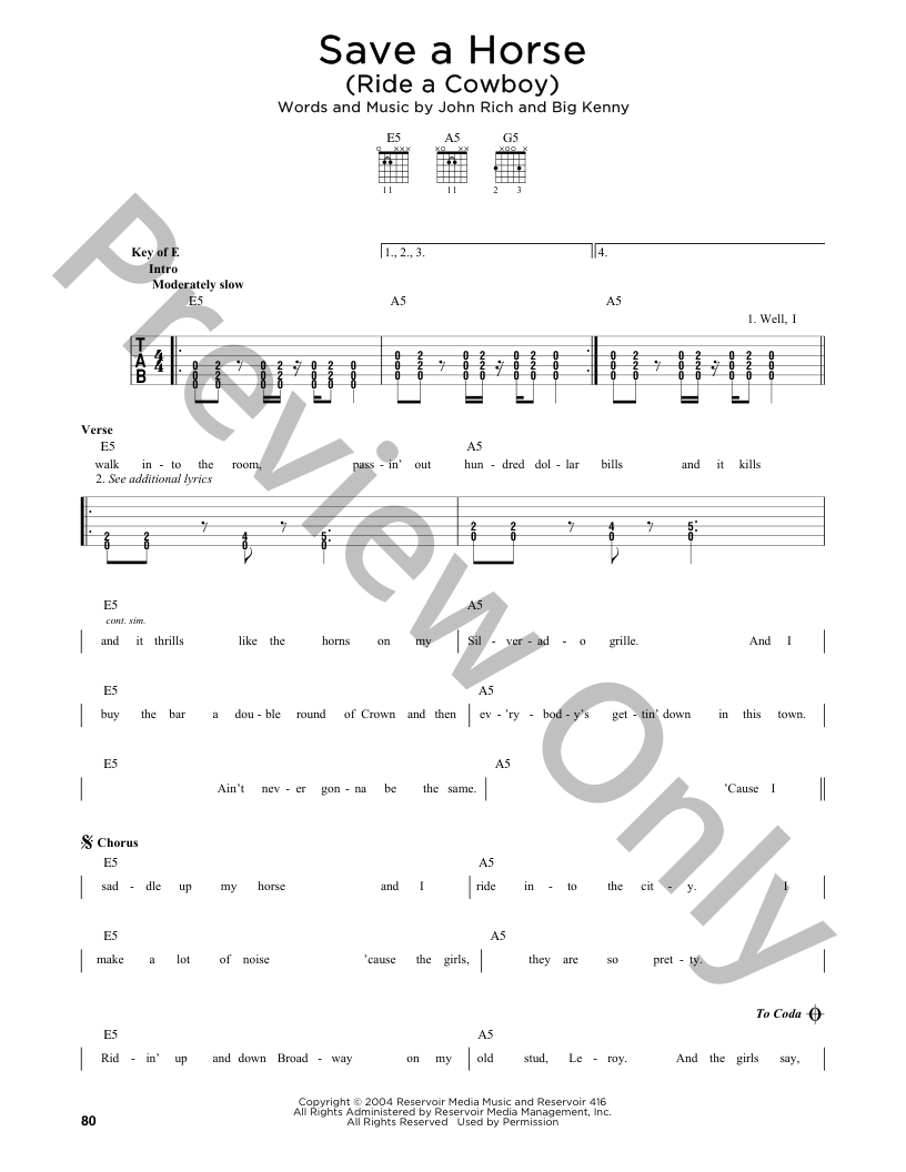Save A Horse (Ride A Cowboy) Guitar/Fretted Sheet Music | J.W. Pepper