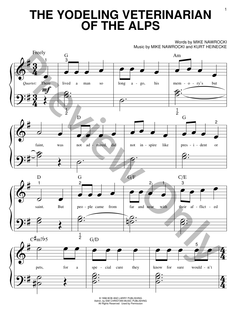 The Yodeling Veterinarian of the Alps Big Note Piano Sheet Music | J.W ...