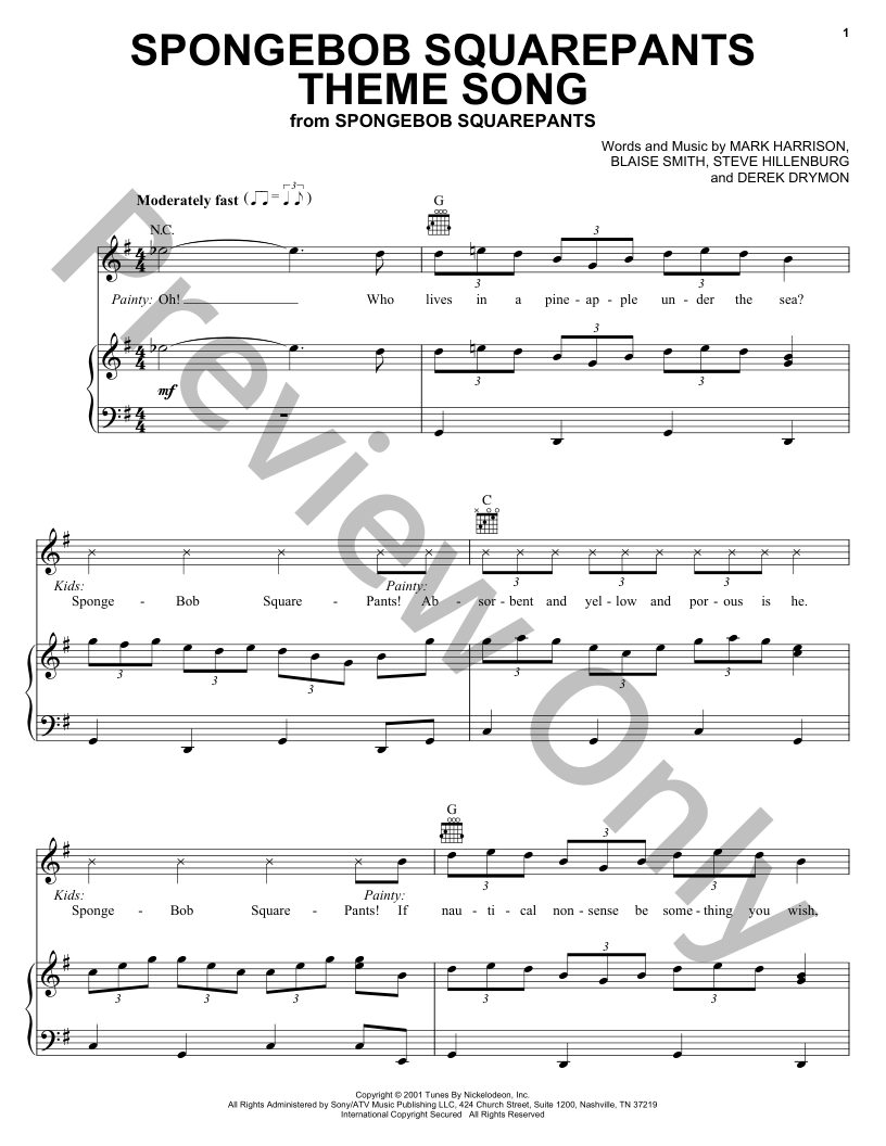 Spongebob Squarepants Theme Song P/V/G Sheet Music | J.W. Pepper