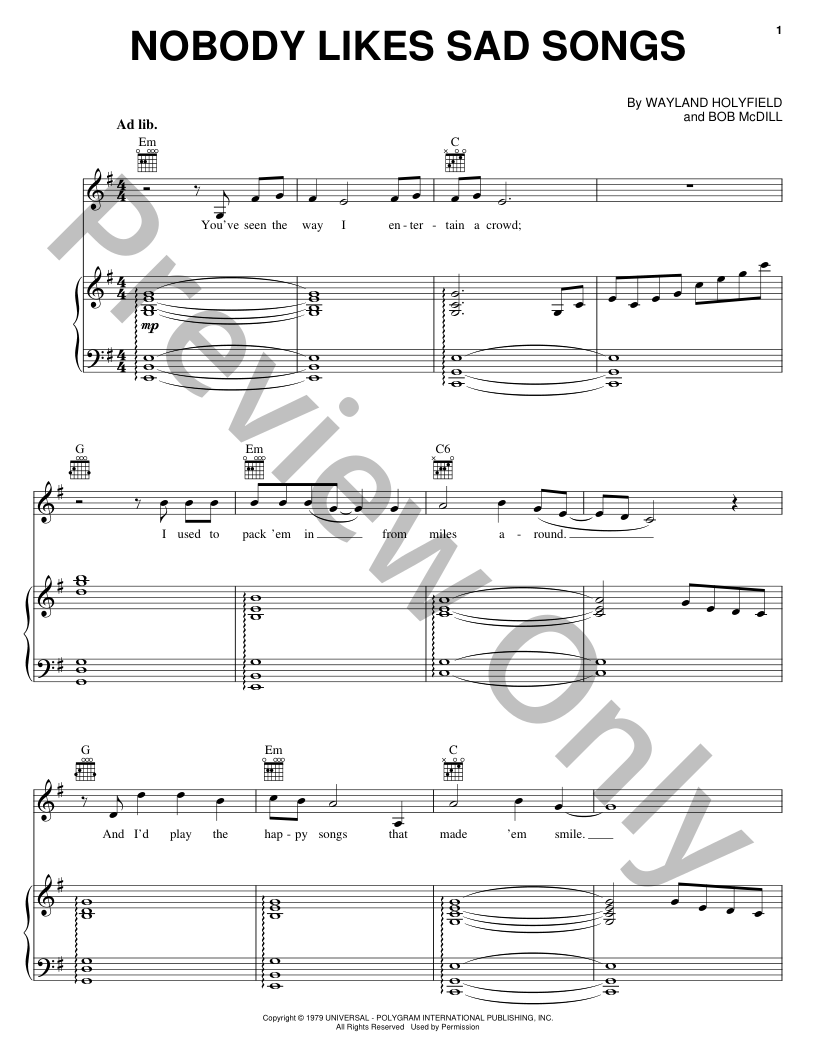 Nobody Likes Sad Songs P/V/G Sheet Music | J.W. Pepper
