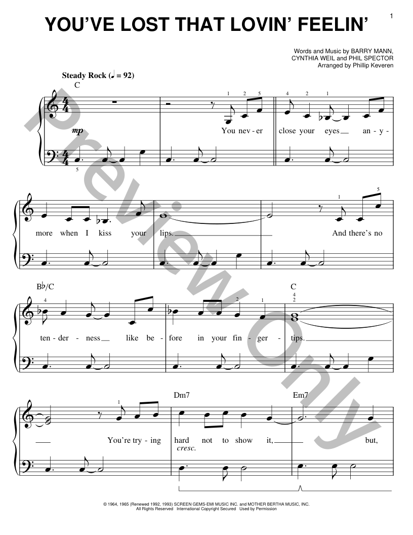 You've Lost that Loving Feeling Easy Piano Sheet Music | J.W. Pepper