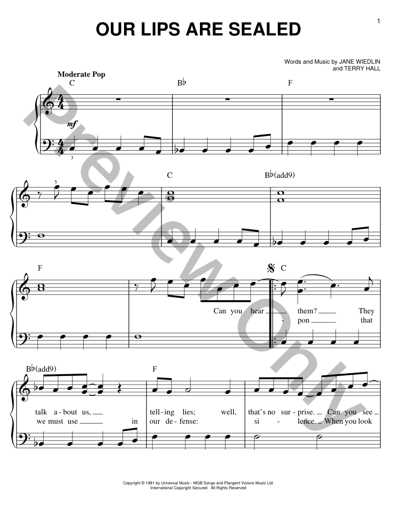 Our Lips Are Sealed Easy Piano Sheet Music | J.W. Pepper