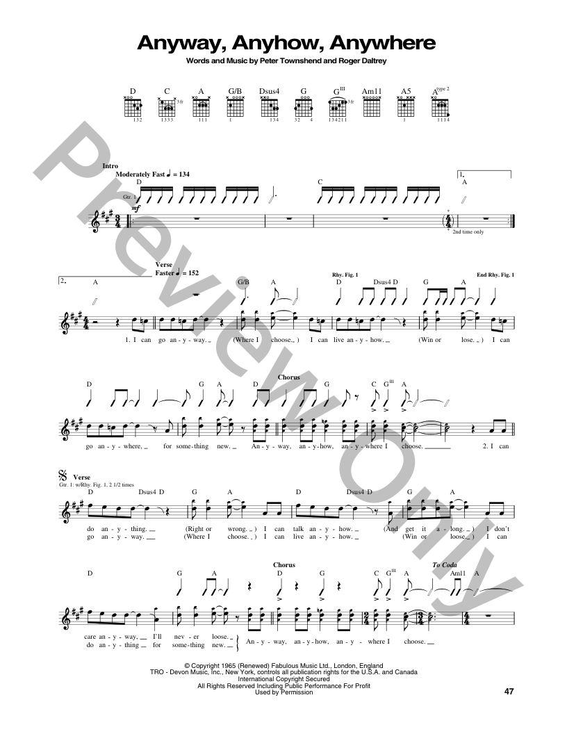 Anyway, Anyhow, Anywhere Guitar/Fretted Sheet Music | J.W. Pepper
