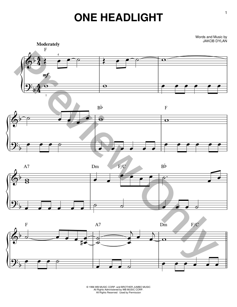 One Headlight Easy Piano Sheet Music | J.W. Pepper
